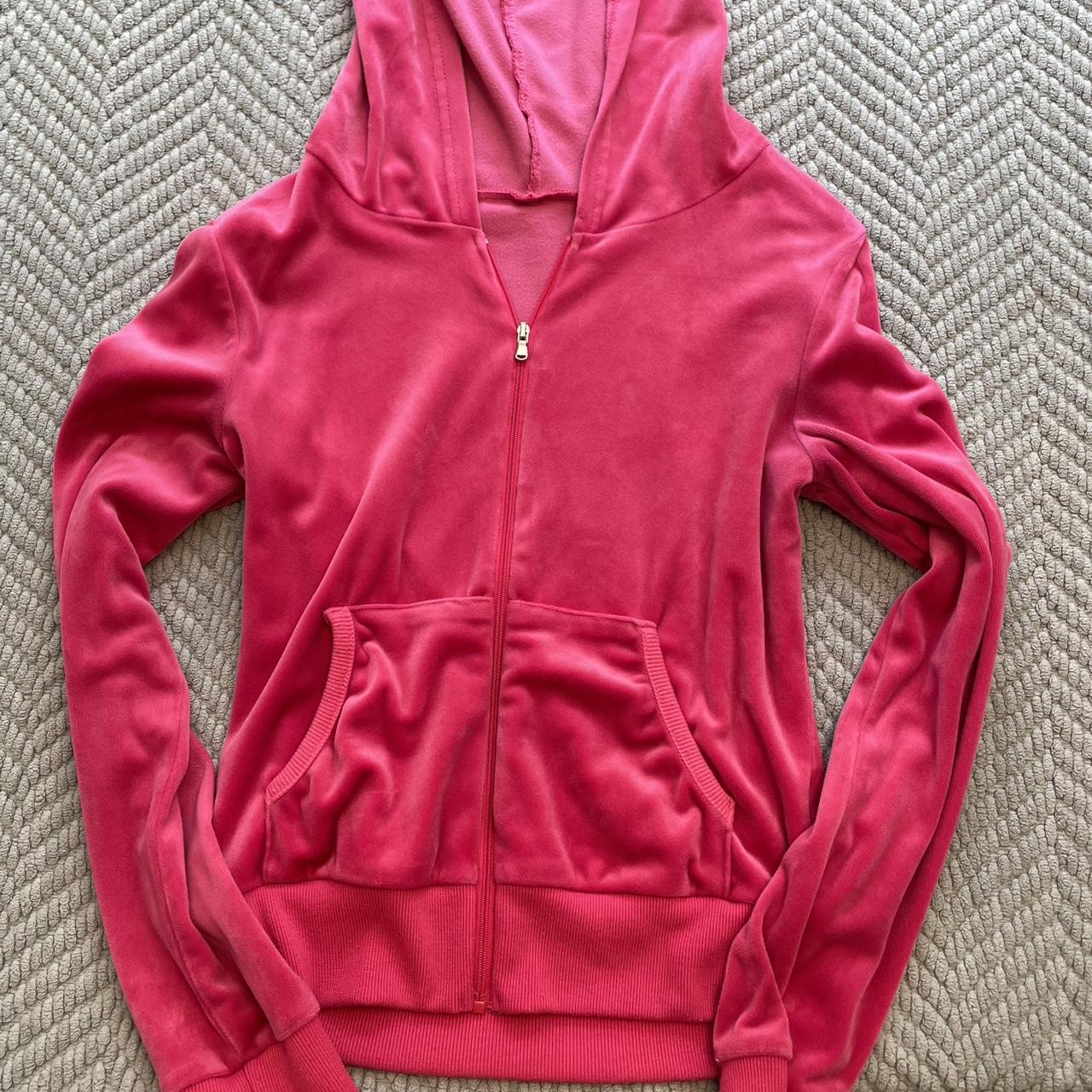 velour hot pink zip up hoodie has no tag but fits... | Depop