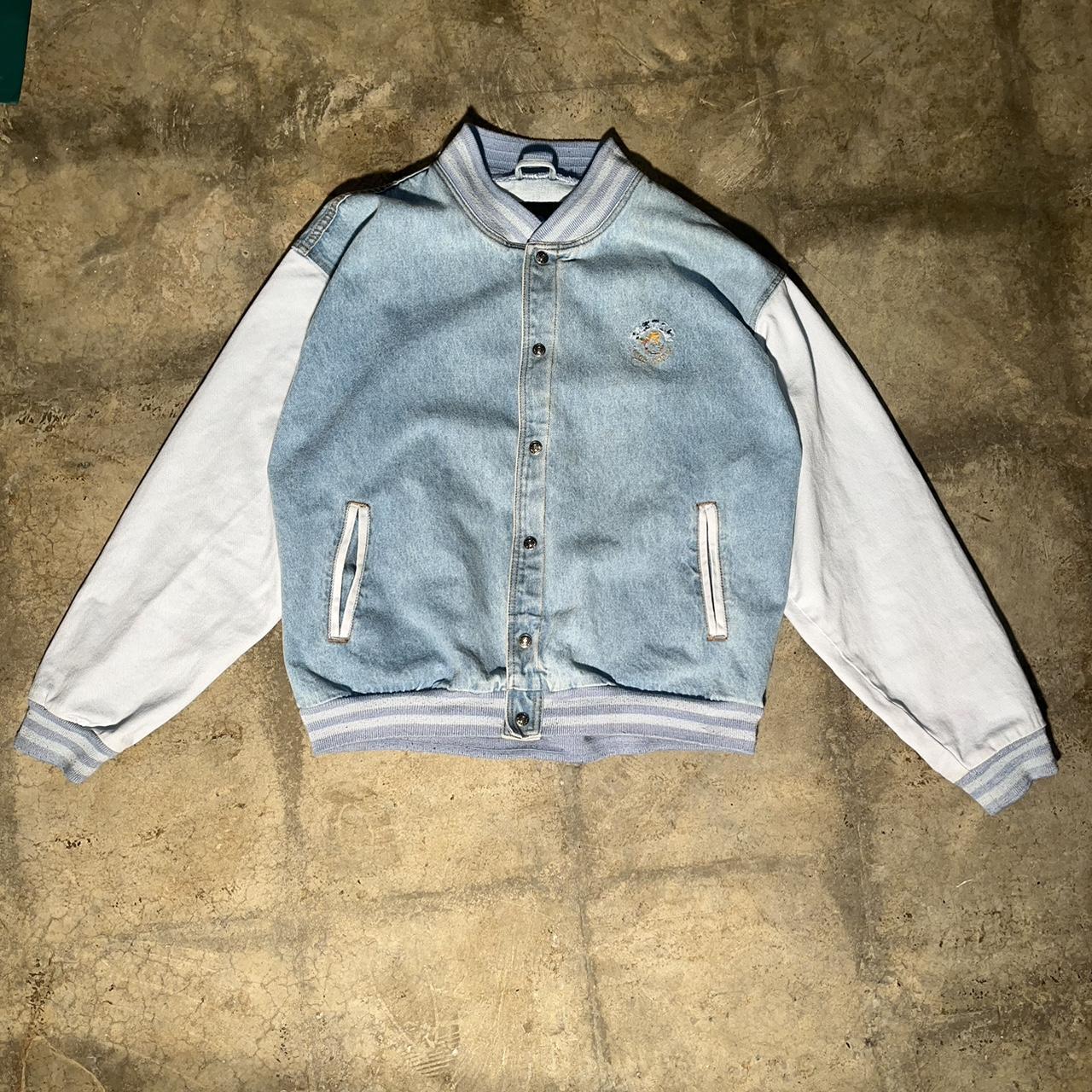 Vintage denim varsity jacket XL fits L - Depop