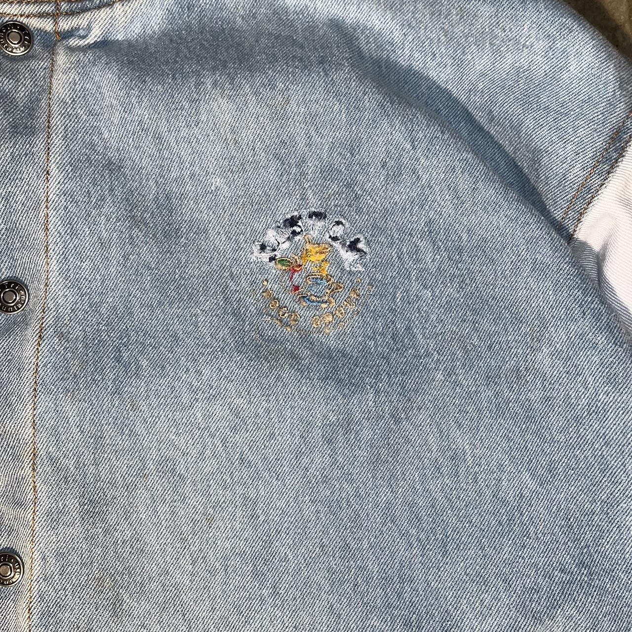 Vintage denim varsity jacket XL fits L - Depop