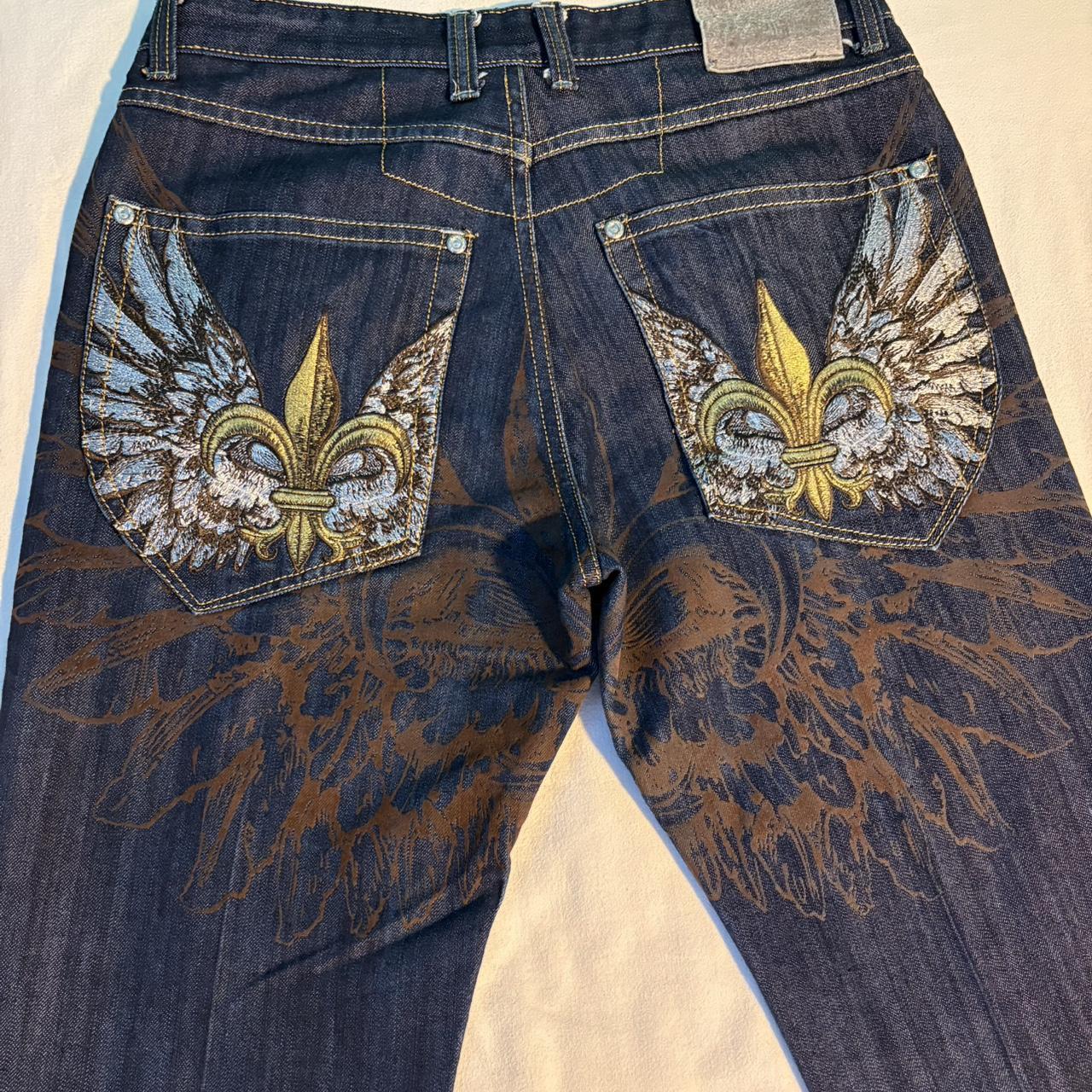Bare Fox Dark Blue Wing Embroidered Jeans 34” - Depop