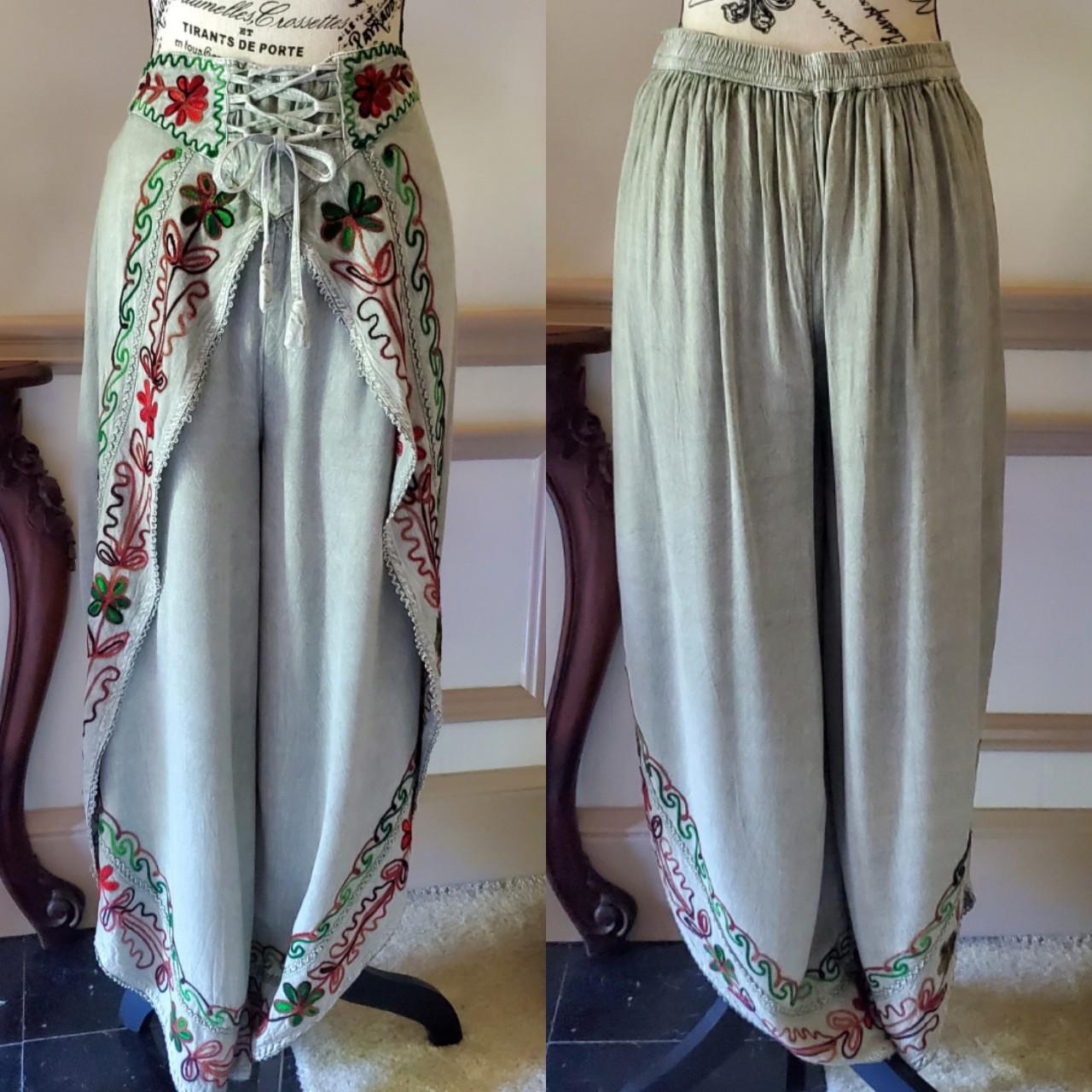 Sage green embroidered gypsy wrap pants lace up... - Depop