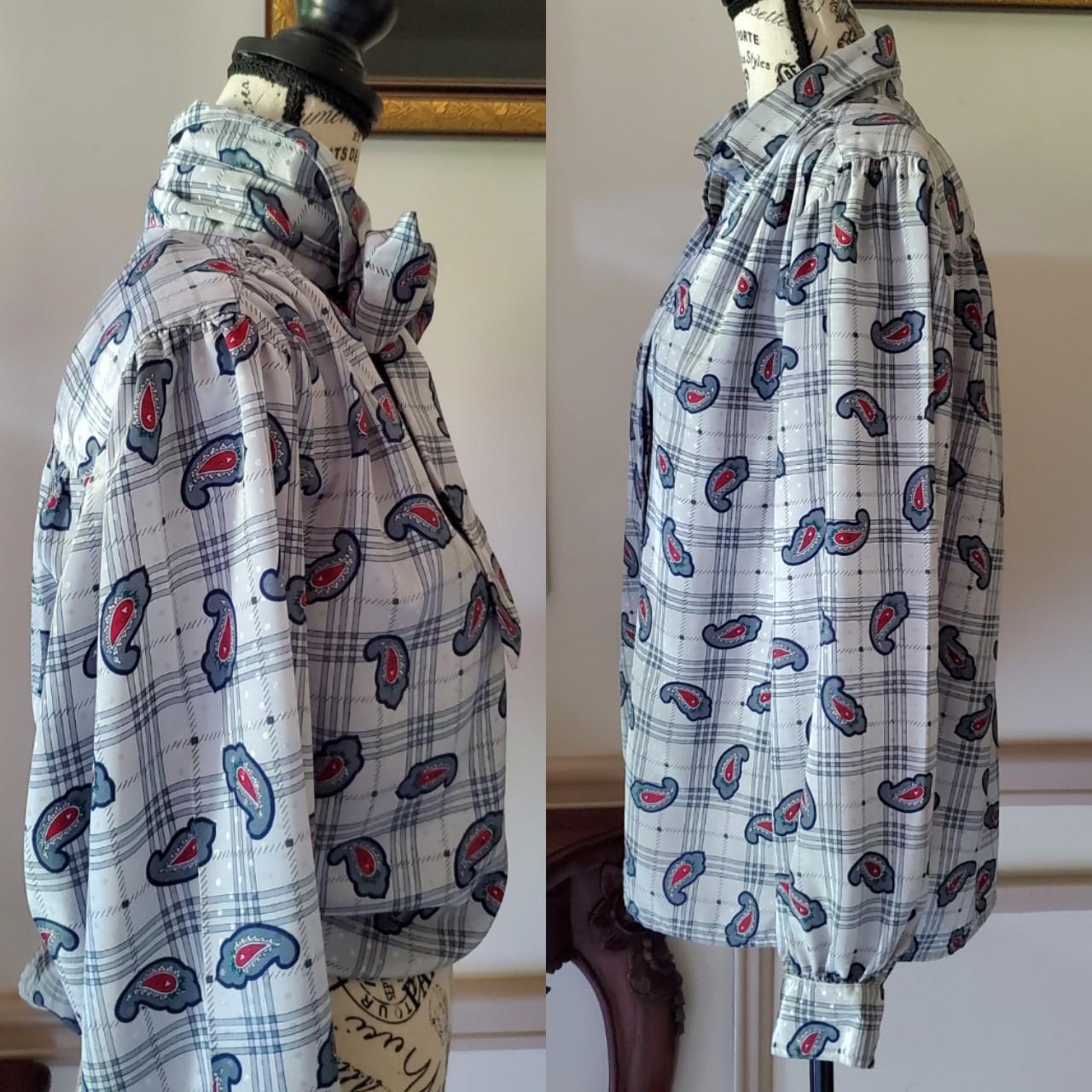 Vintage paisley print ice blue bow tie neck button... - Depop