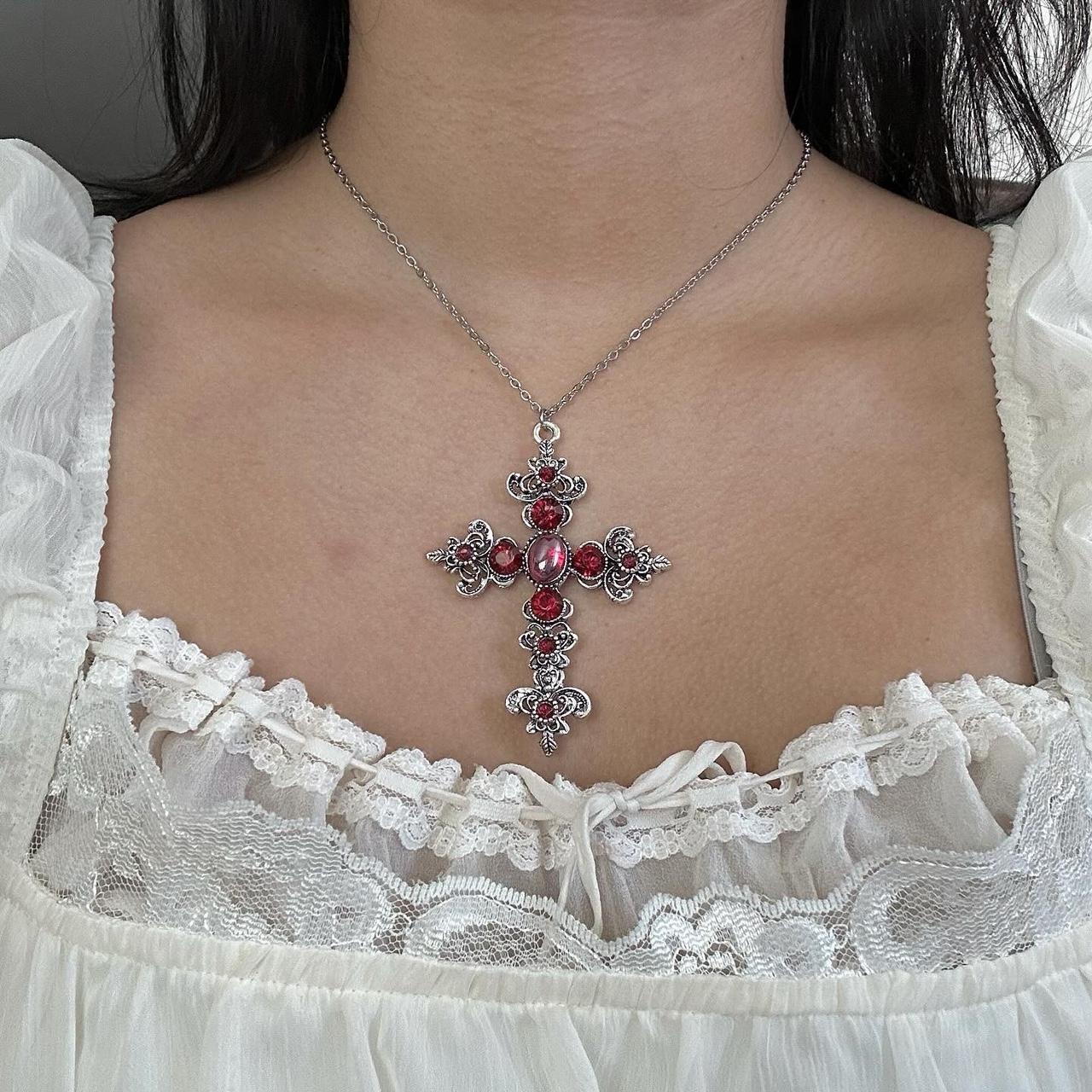 Red rhinestone cross necklace - Materials:... - Depop