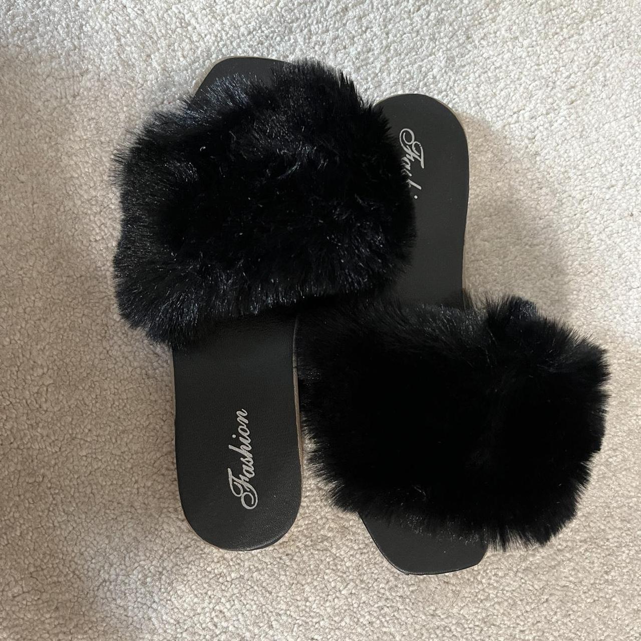 Black fluffy slippers !! Got them on amazon !!... - Depop