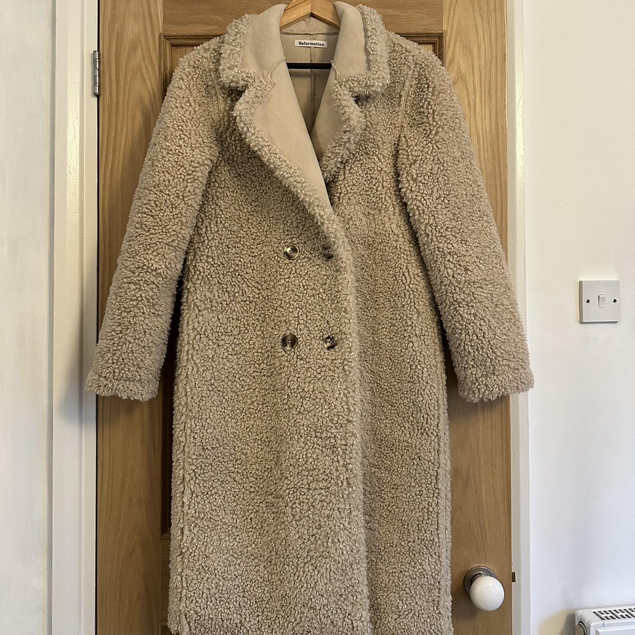 Reformation teddy long coat in camel colour, size XS... - Depop