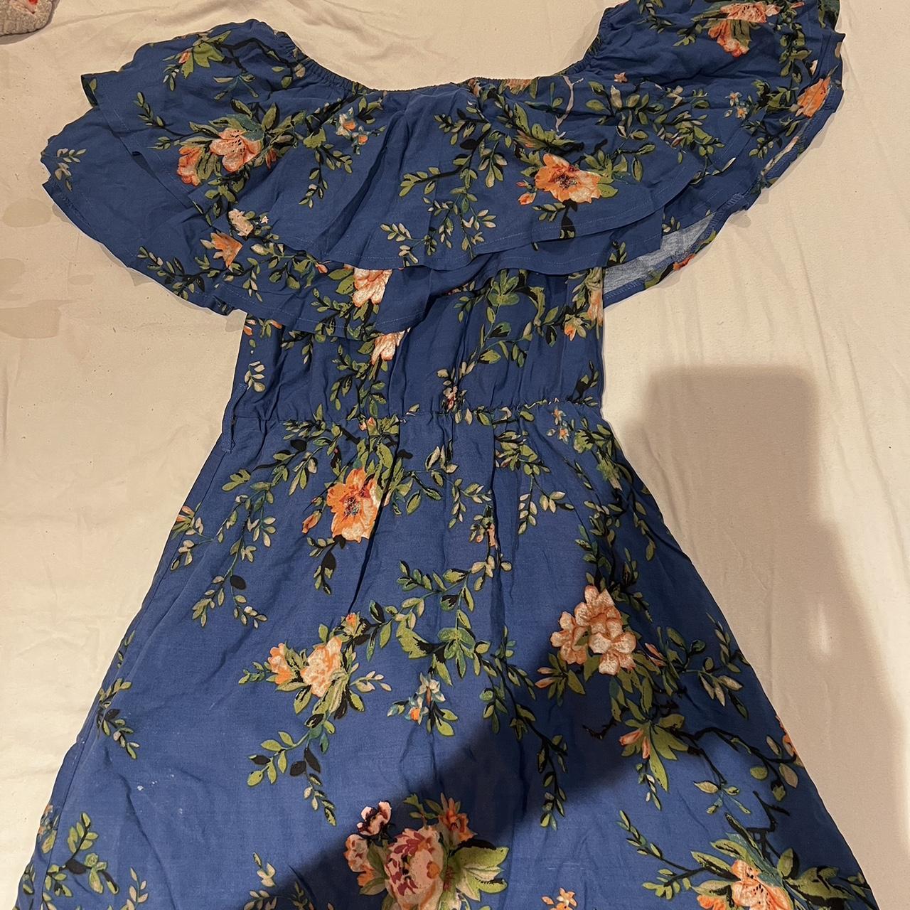 Blue floral off the shoulder dress - Depop
