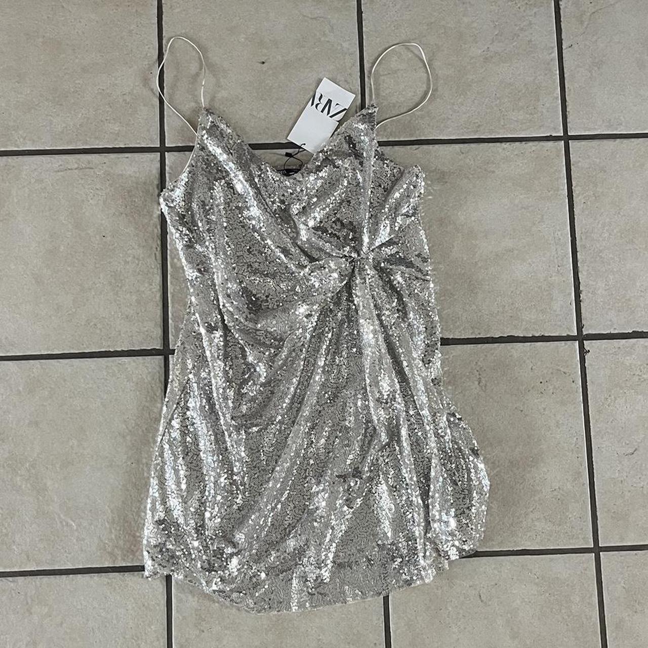 NWT silver sequin sparkly Zara dress size: M never... - Depop