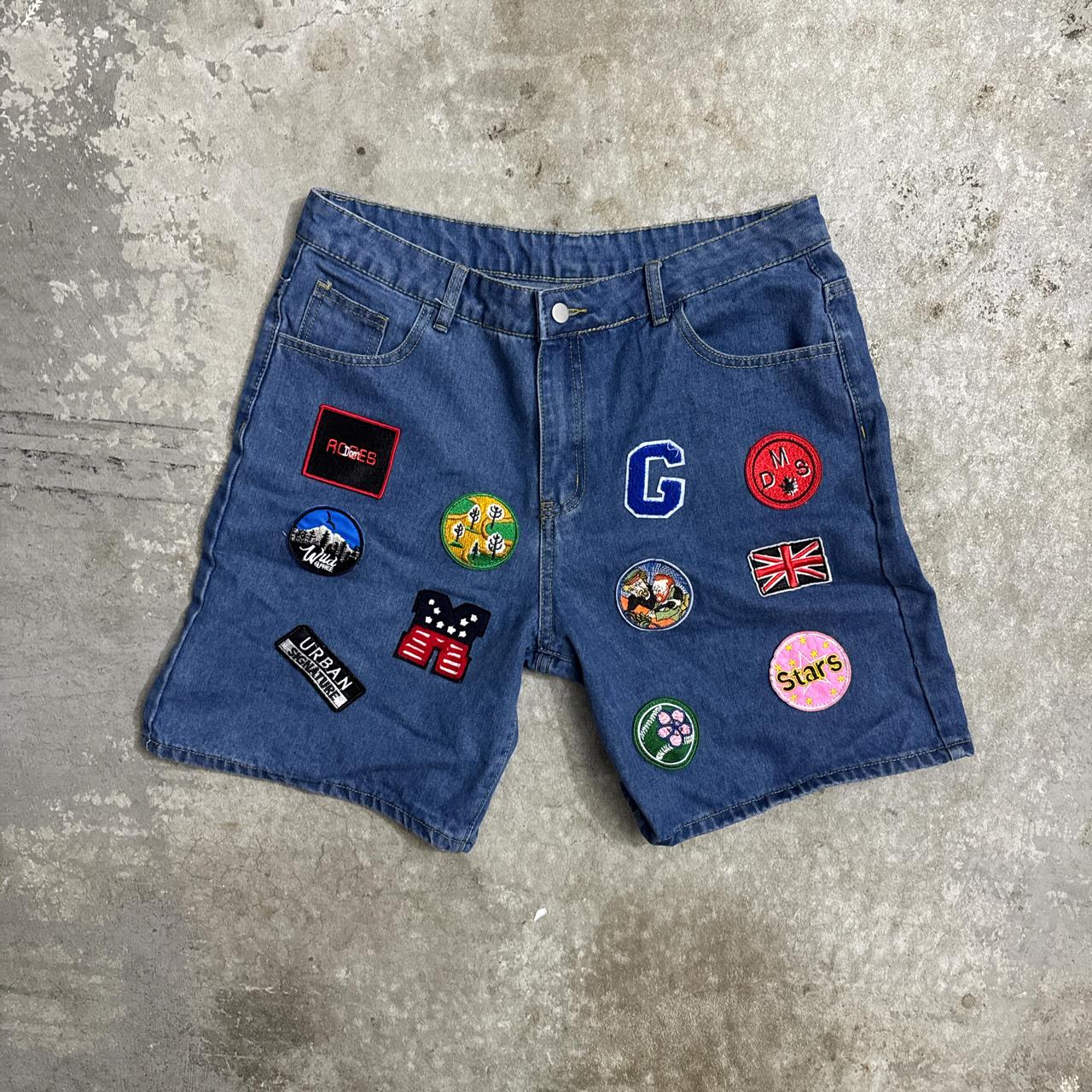 Custom Blue denim Jorts with patches, featuring a... - Depop