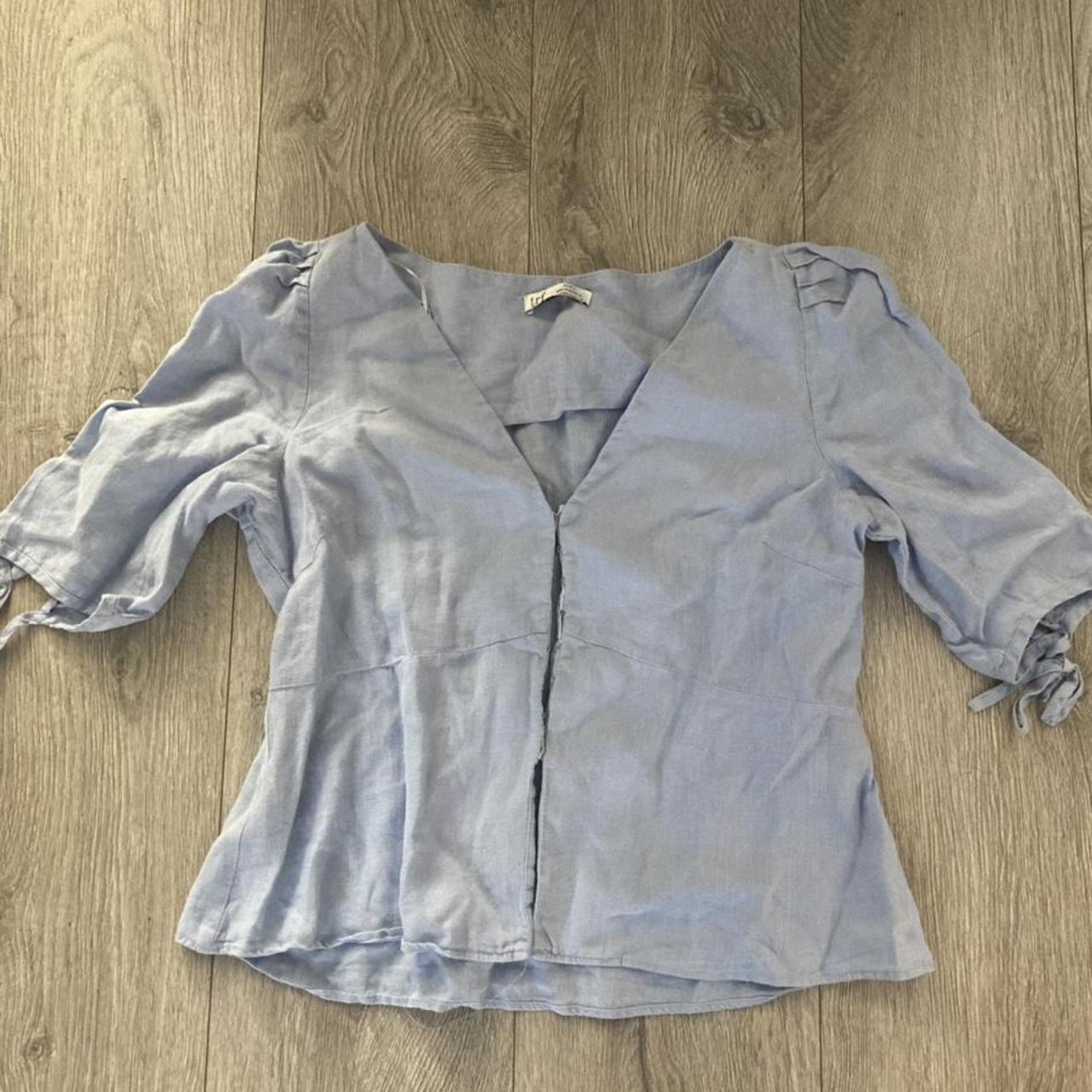 Light Blue Linen Top w/Tie Up Sleeves & Hook And Eye... - Depop