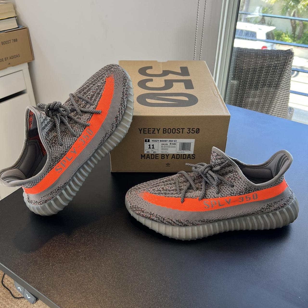 Yeezy Men's Grey and Orange Trainers | Depop