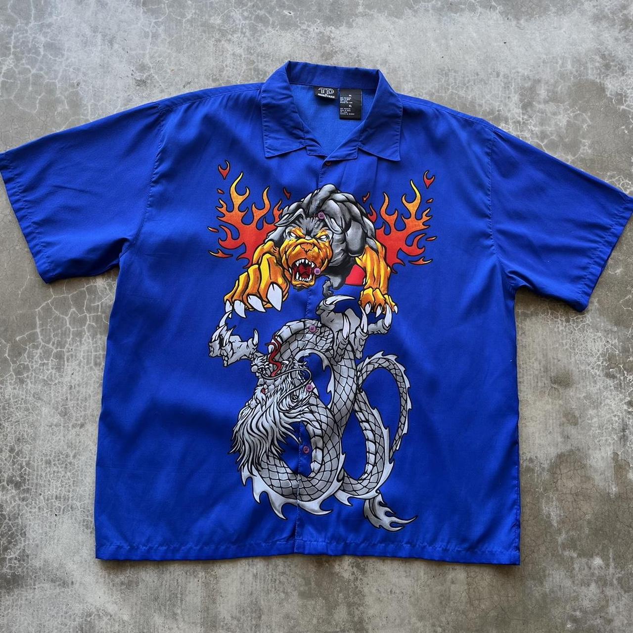Vintage Y2K dragon flames all over print button up... | Depop