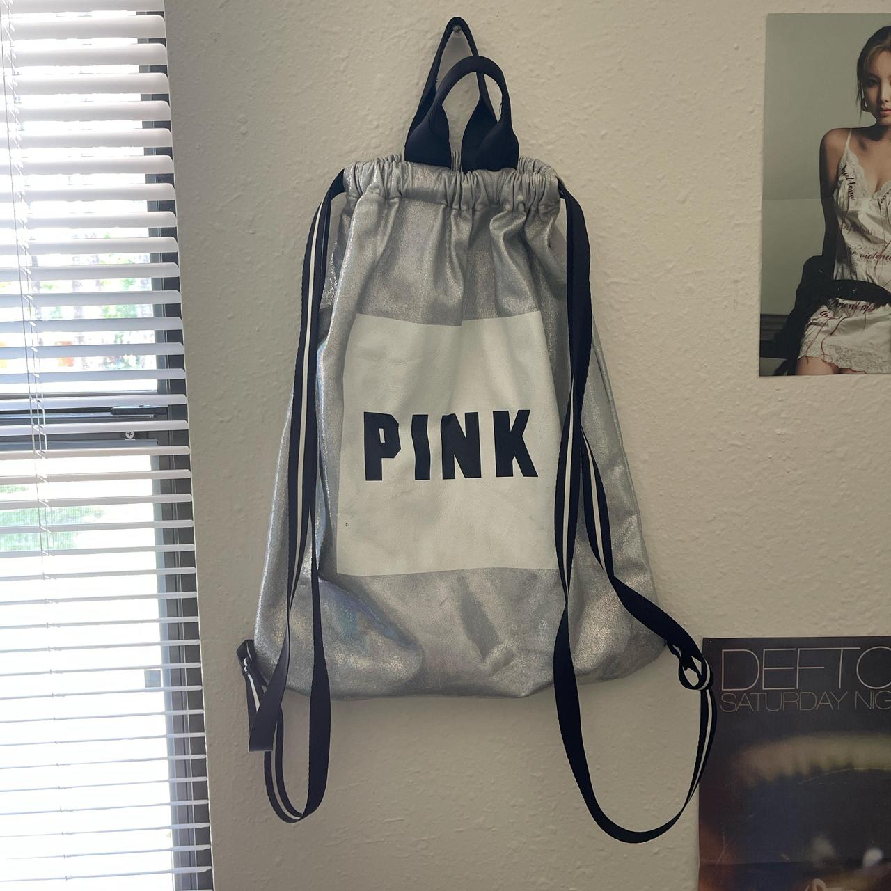 PINK Victoria’s Secret silver drawstring bag from... - Depop