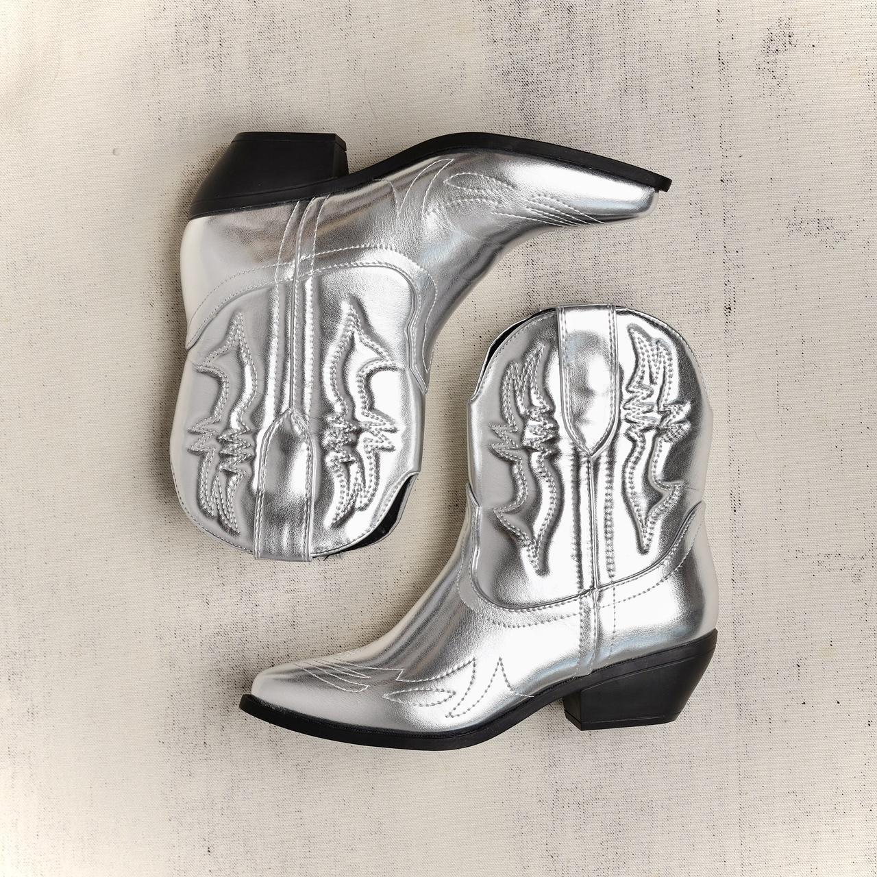 Brand New Silver Metallic Cowboy Boots - Tagged Size... - Depop