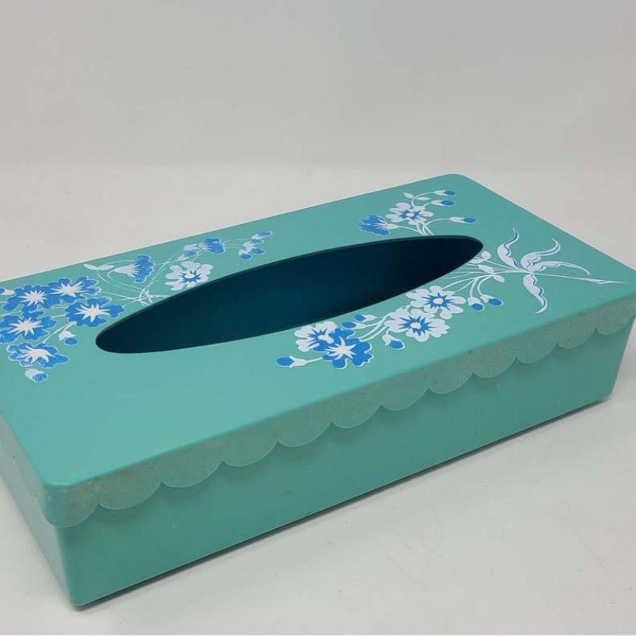 Retro mid century turquoise floral tissue box... - Depop