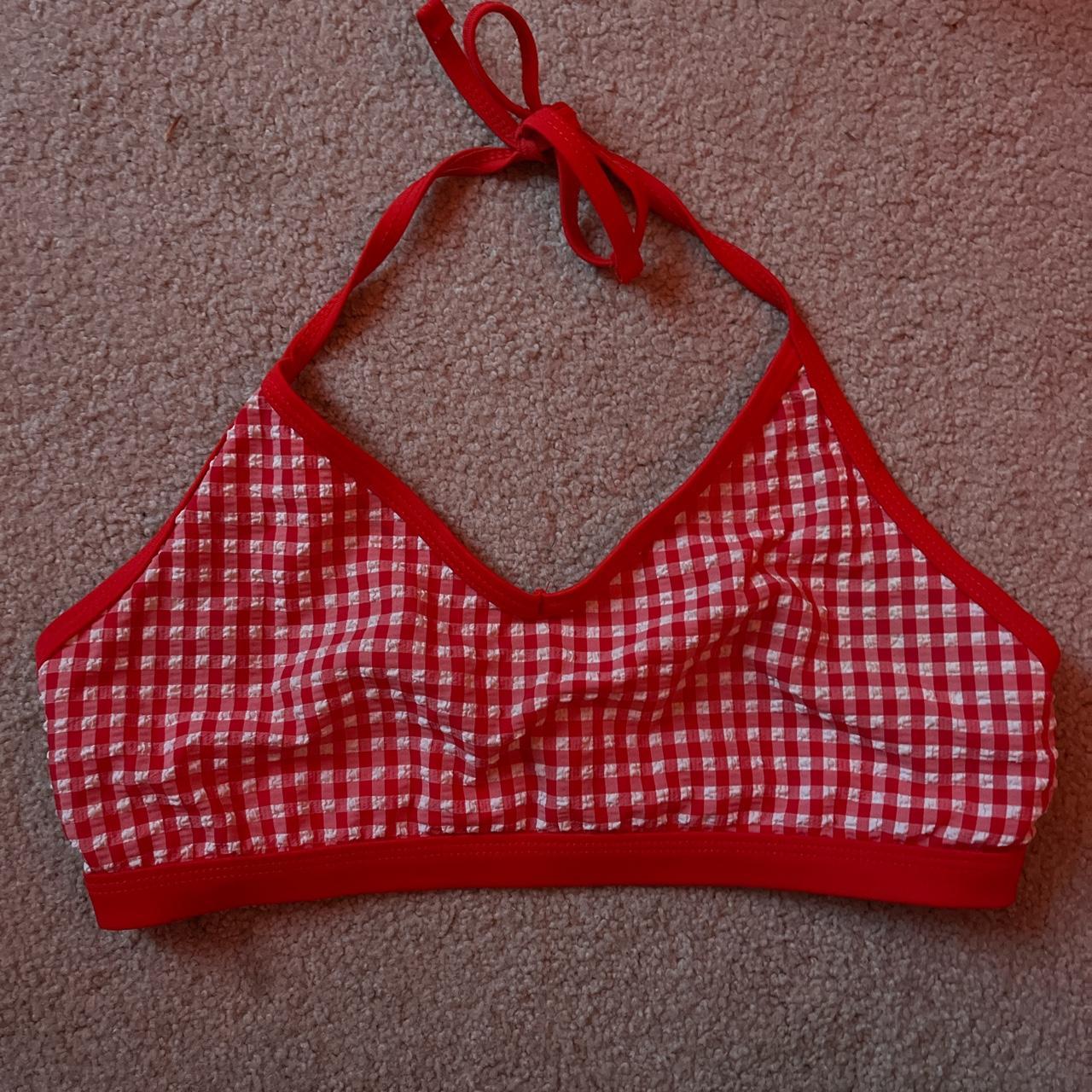Red checkered halter bikini top Girls size L, fits... - Depop