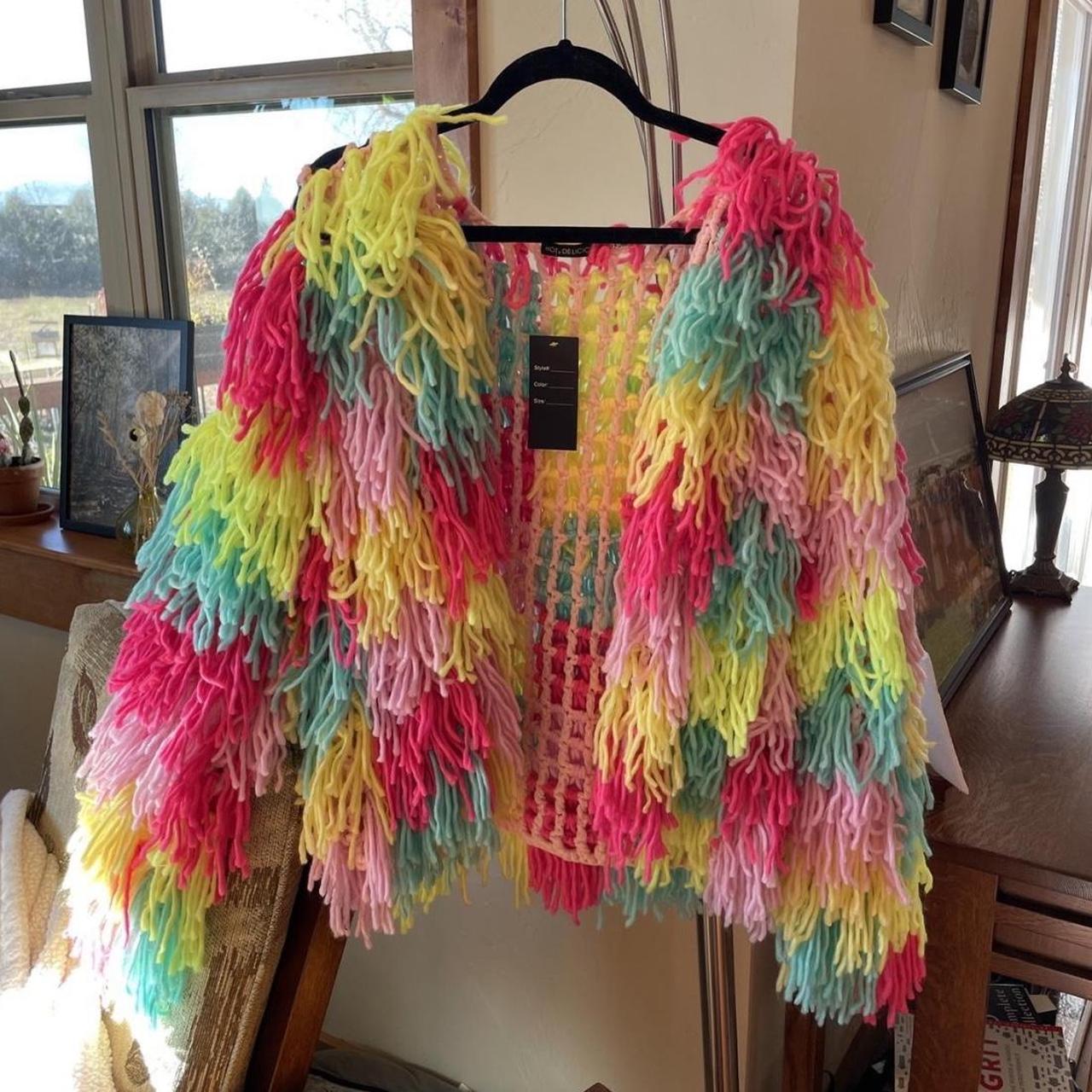 Rave rainbow shag coat!!! 🌈🍄🍭🪩 Only worn once,... - Depop