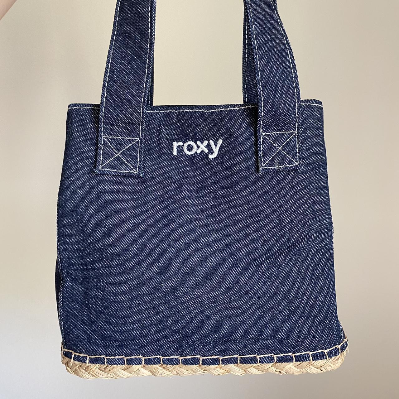 roxy mini tote bag- denim + straw simple summer/... - Depop