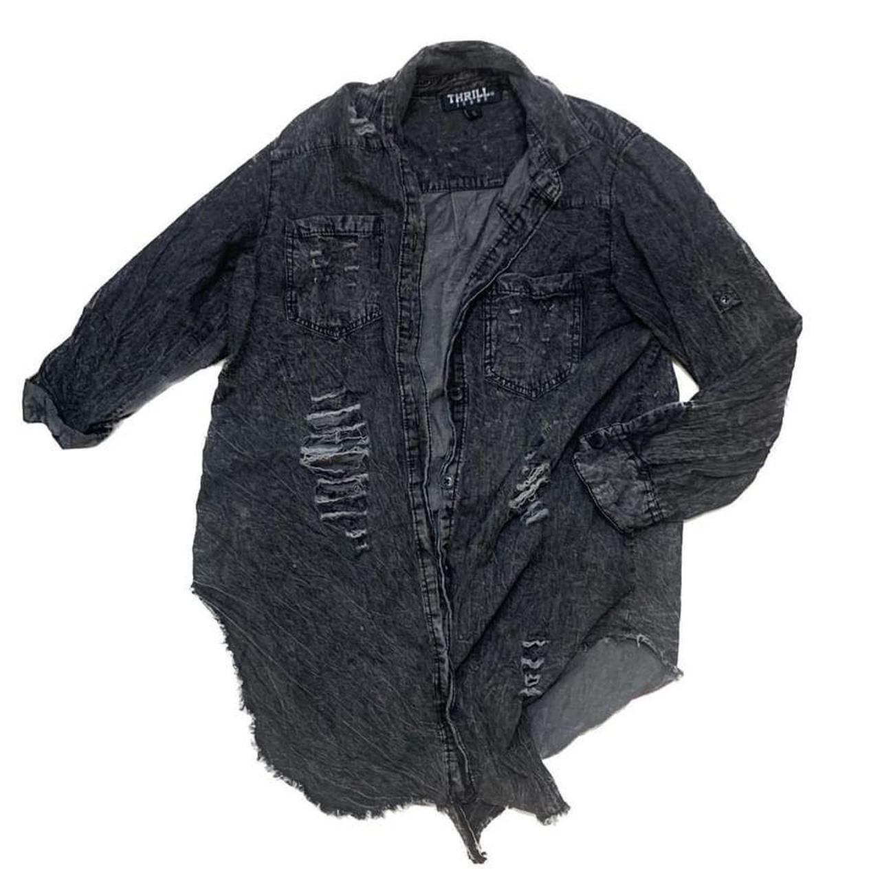 ripped teared faded black emo long sleeve flannel... - Depop