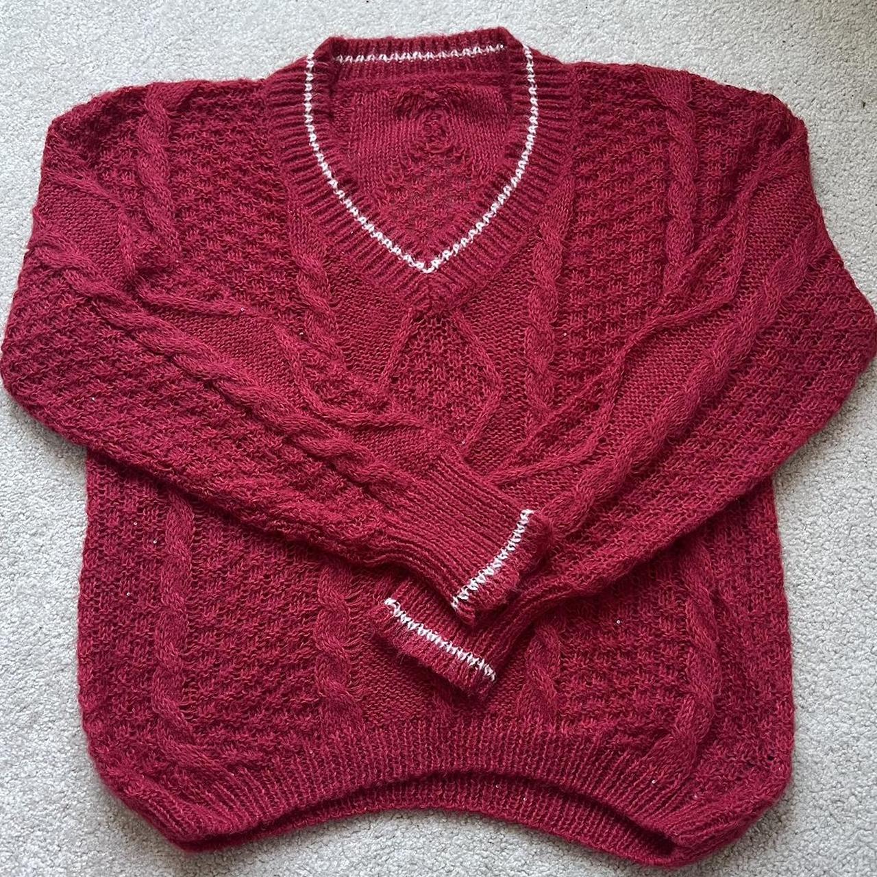 Cider red v-neck knitted sweater with sequin... - Depop