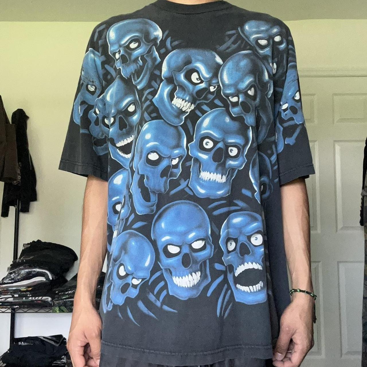 Vintage Liquid blue aop skulls with tribal cuts and... - Depop