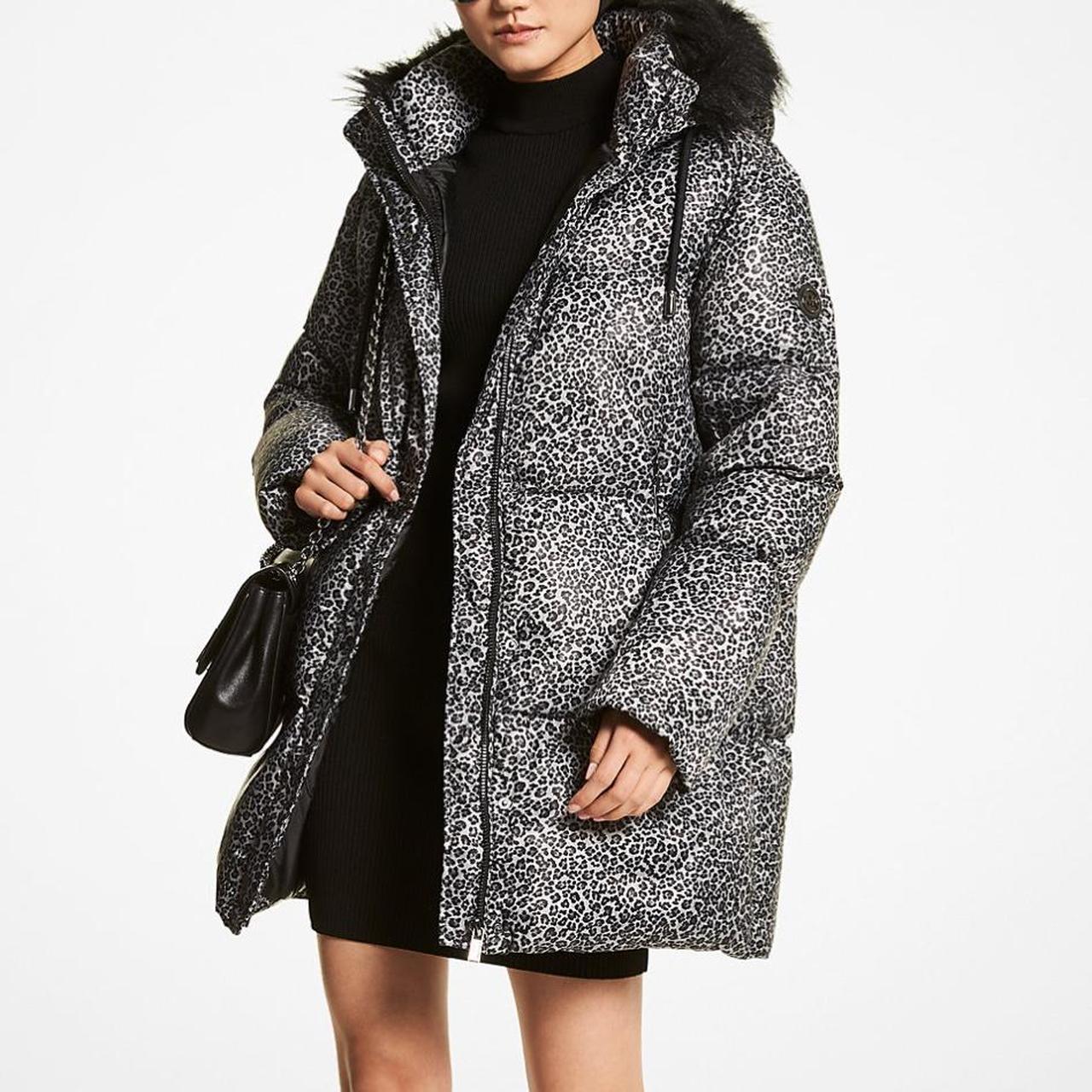 Grey leopard print puffer coat with faux fur trim... | Depop