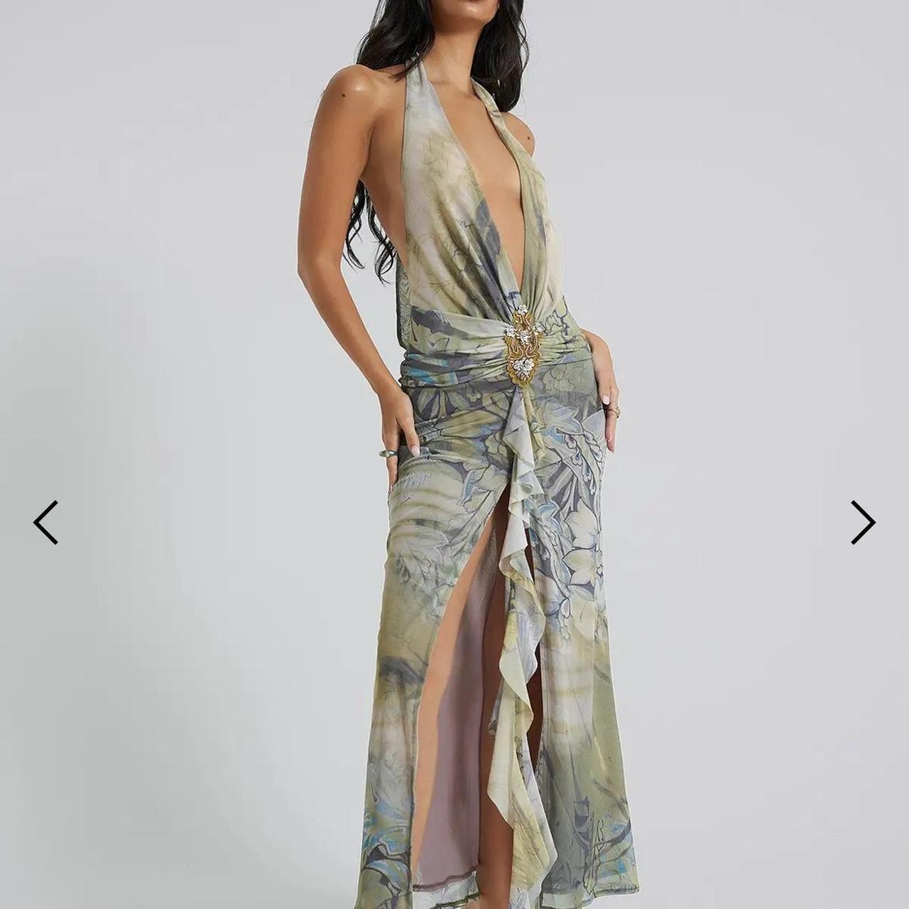 Jaded Ldn Cindy Plunge Maxi Dress in Green - Depop
