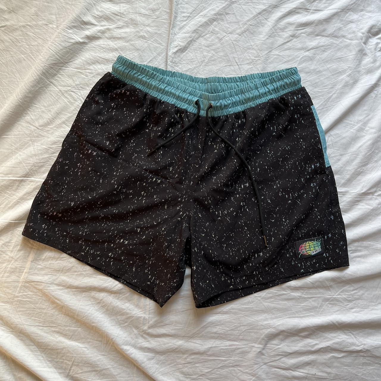 Slunks black and blue shorts with speckle pattern... - Depop