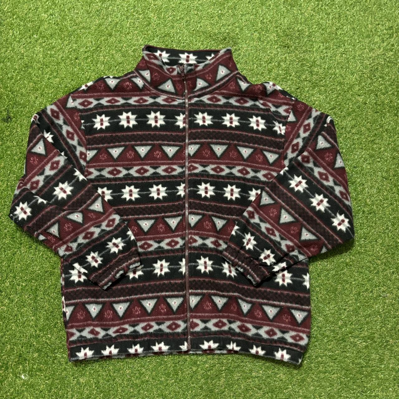 Burgundy, grey, and white vintage 90s fleece zip-up... - Depop