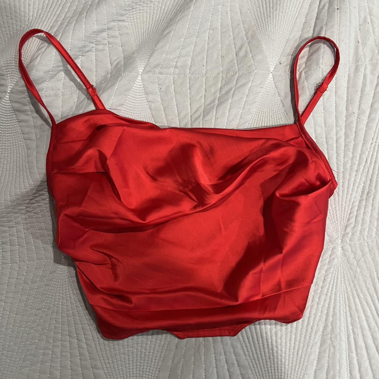 Red satin halter top with adjustable straps worn... - Depop