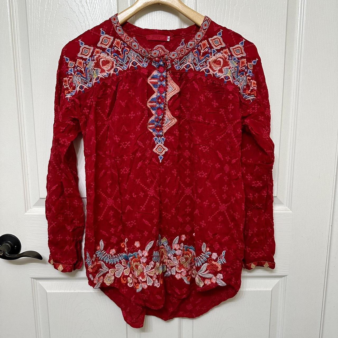 Johnny Was Red Embroidered Boho Peasant Blouse Size... - Depop