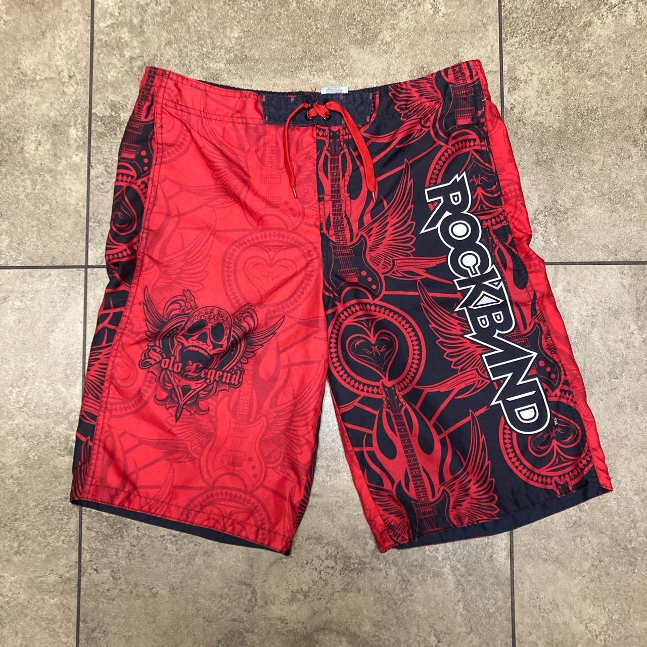 ROCKBAND red and black emo swim shorts size 18 size... - Depop