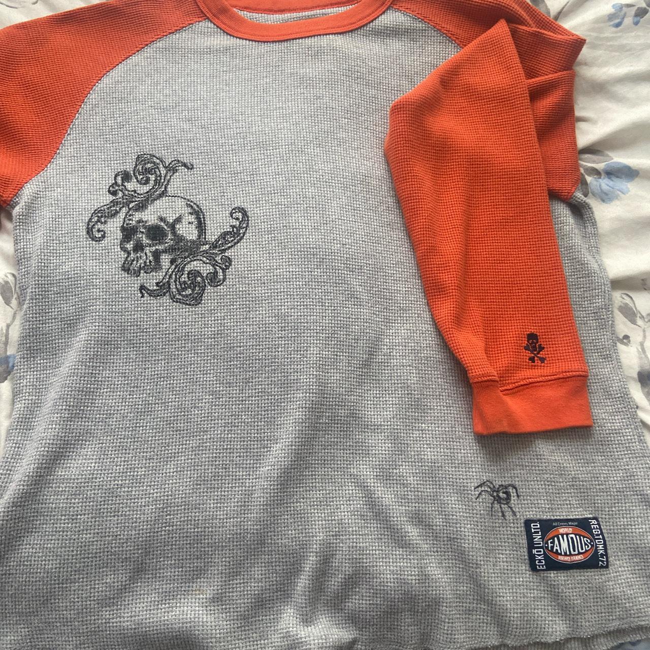 ecko orange and grey waffleknit with skull and... - Depop