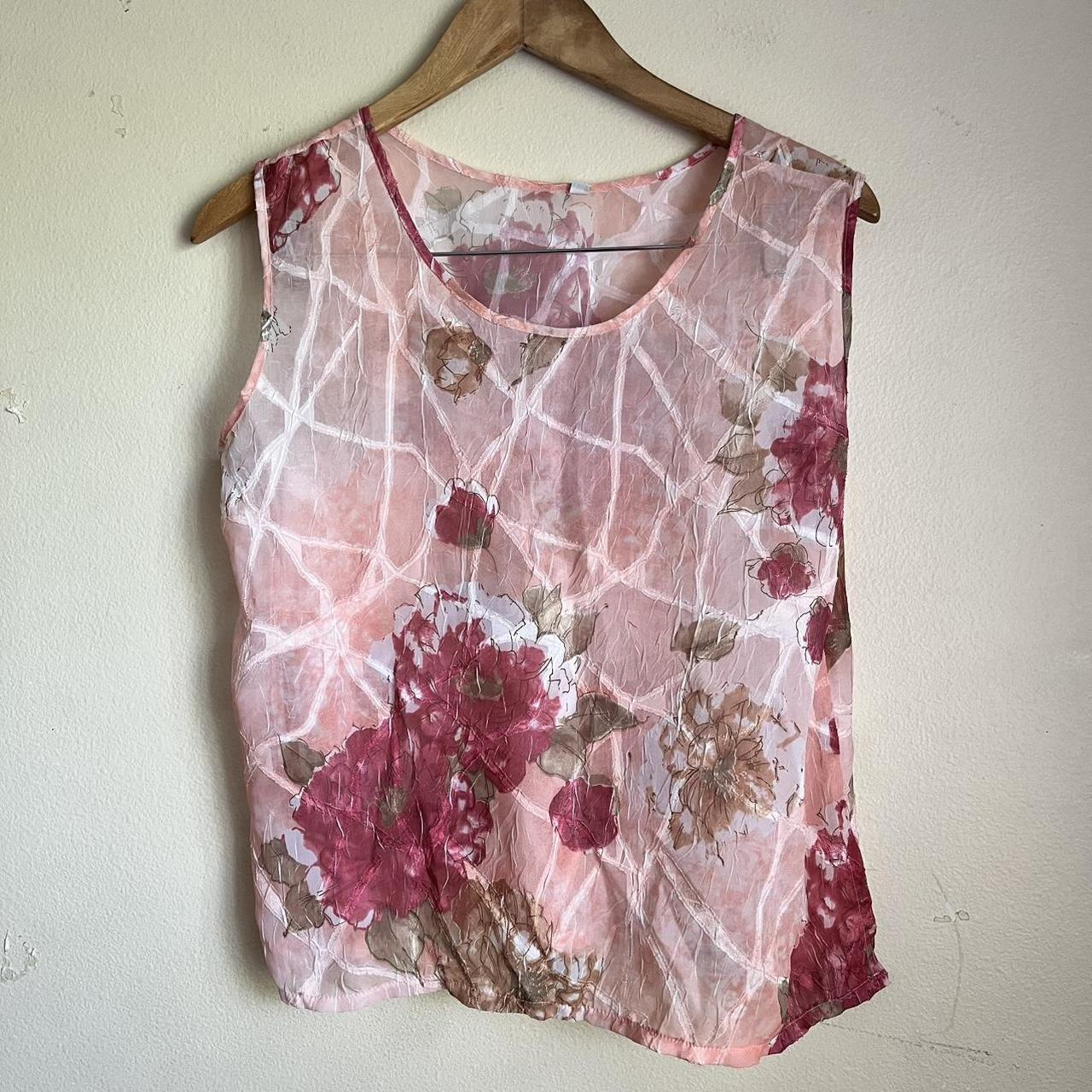Pink floral print mesh tank top with a unique,... | Depop