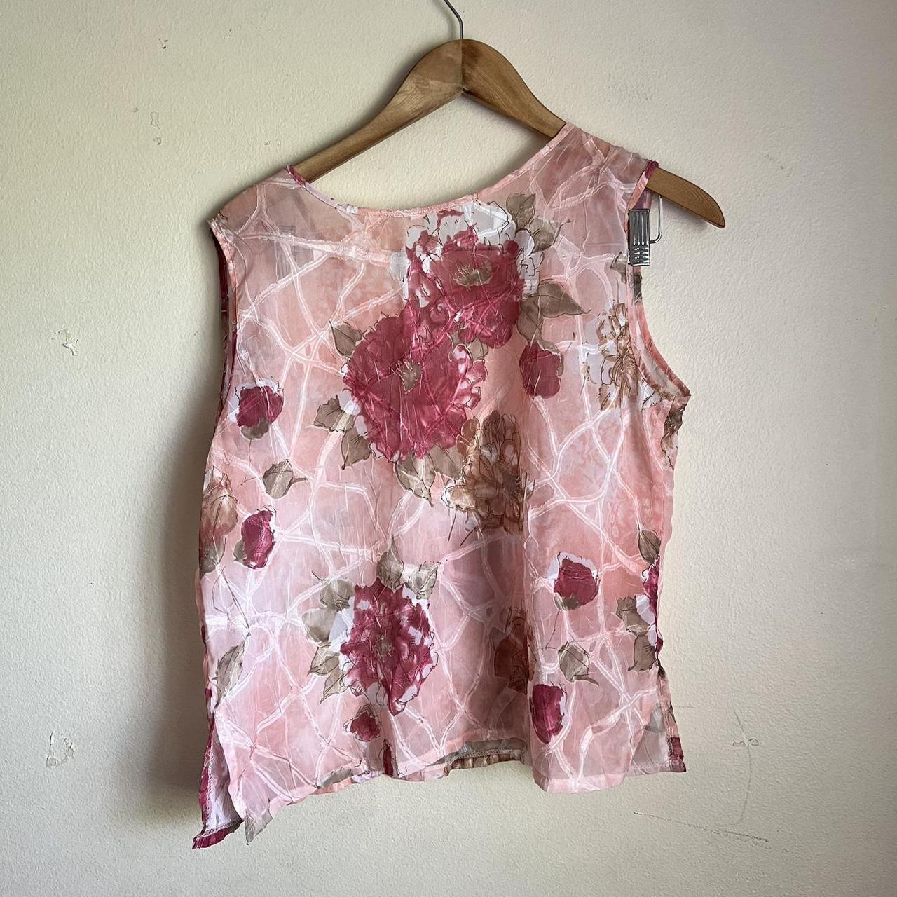 Pink floral print mesh tank top with a unique,... | Depop