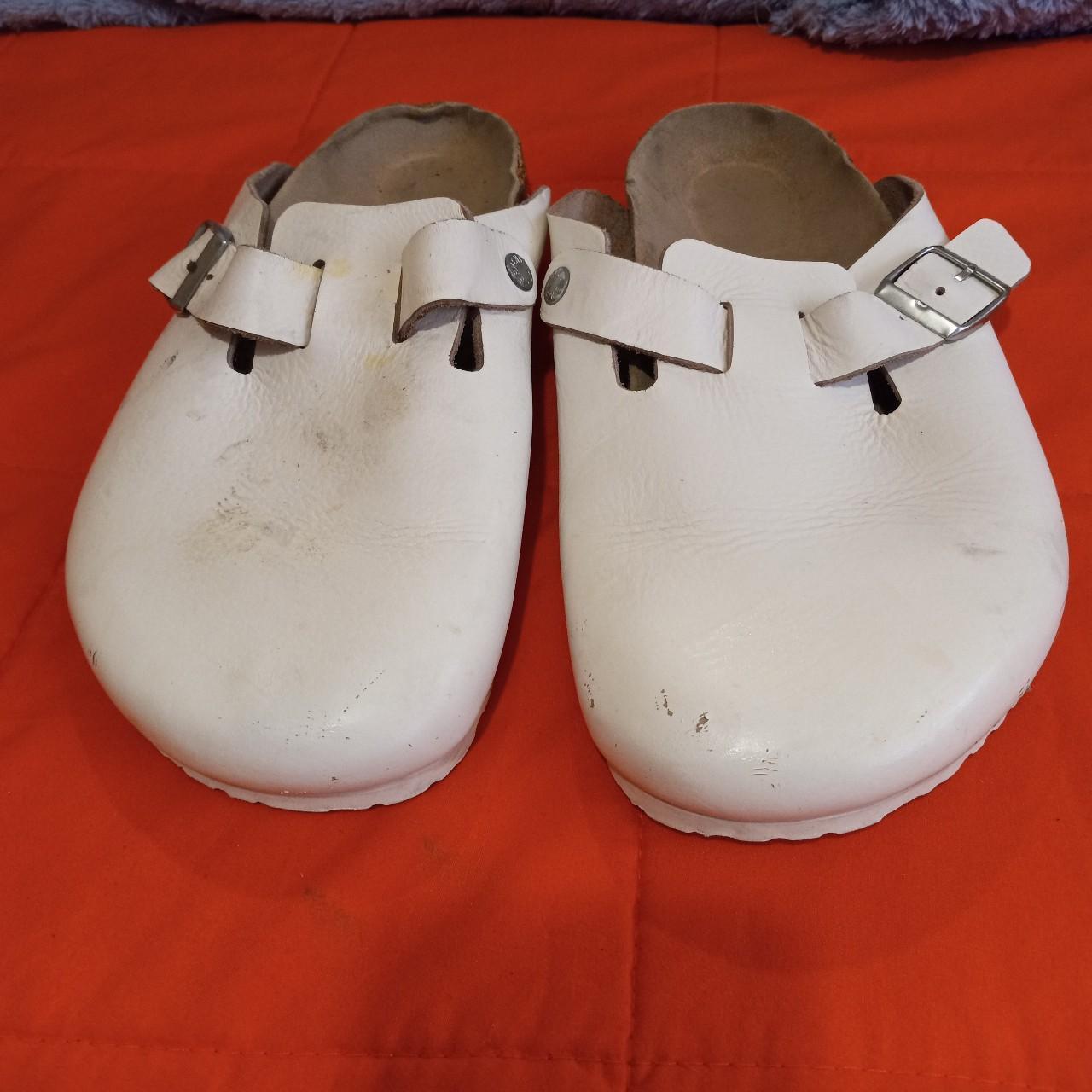 Birkenstock Boston White Leather Mule Clogs Slip On... - Depop