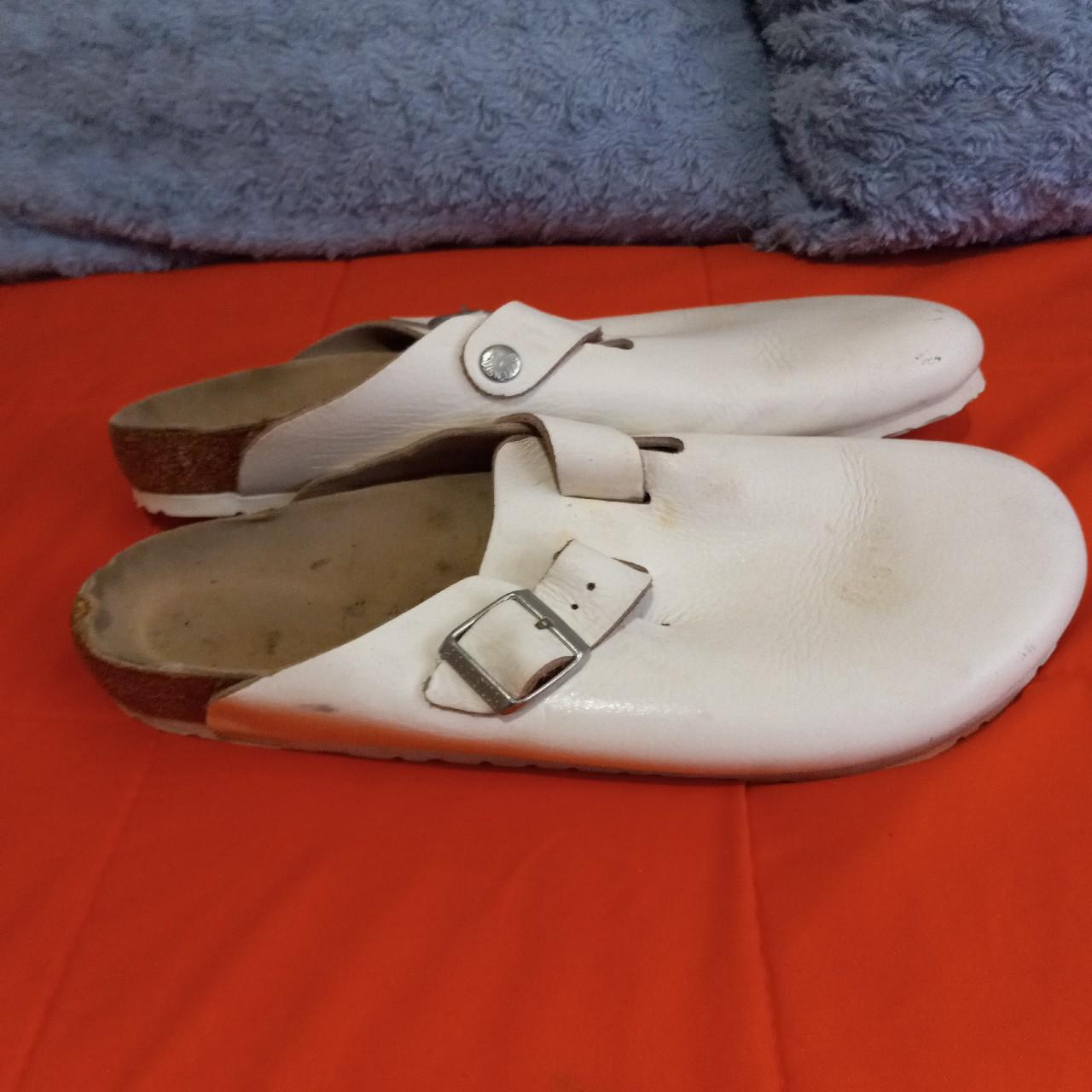 Birkenstock Boston White Leather Mule Clogs Slip On... - Depop