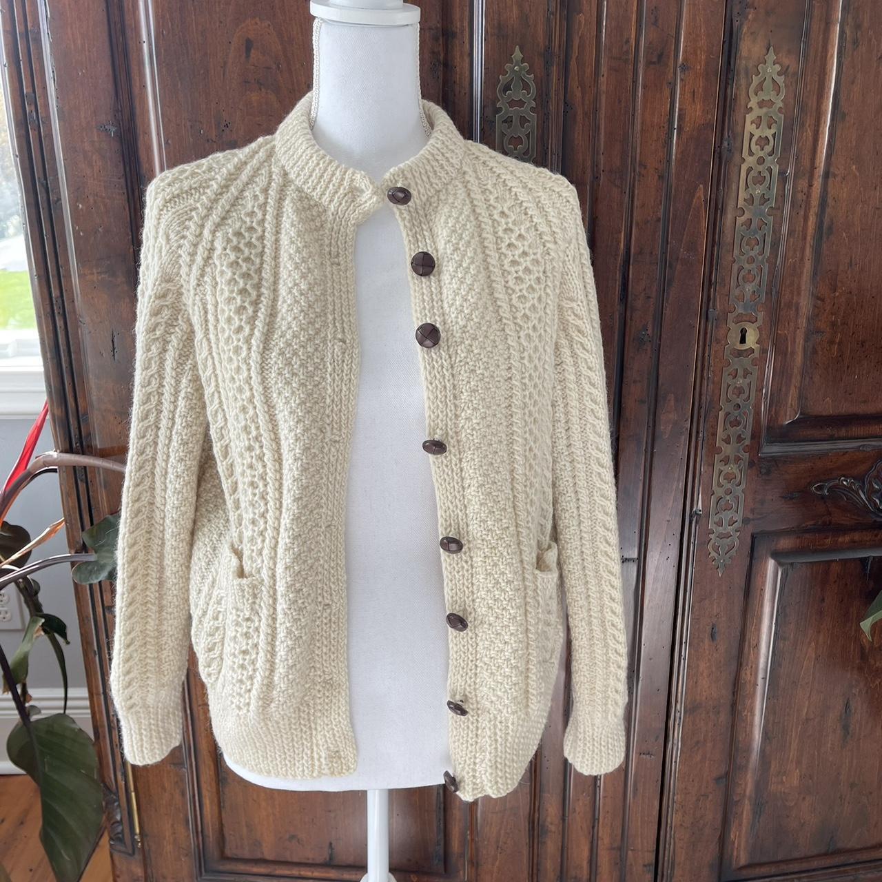 Vintage 100% wool cream cardigan hand-knit in... - Depop