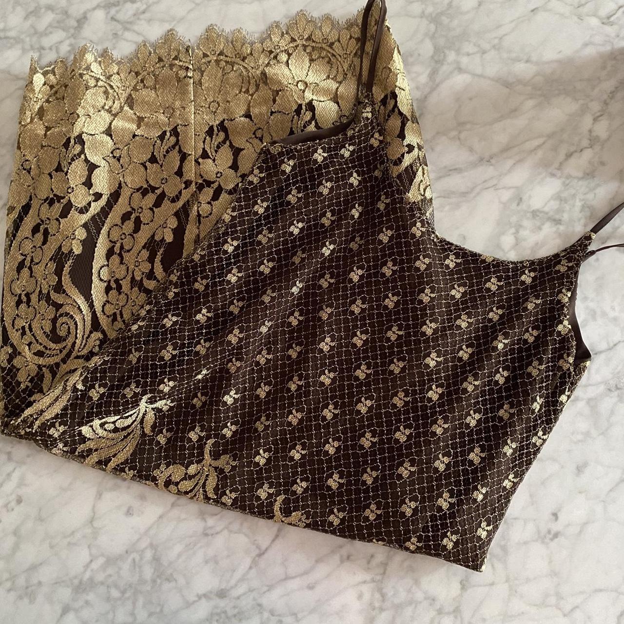 Vintage gold and brown dress Form fitting with a... - Depop