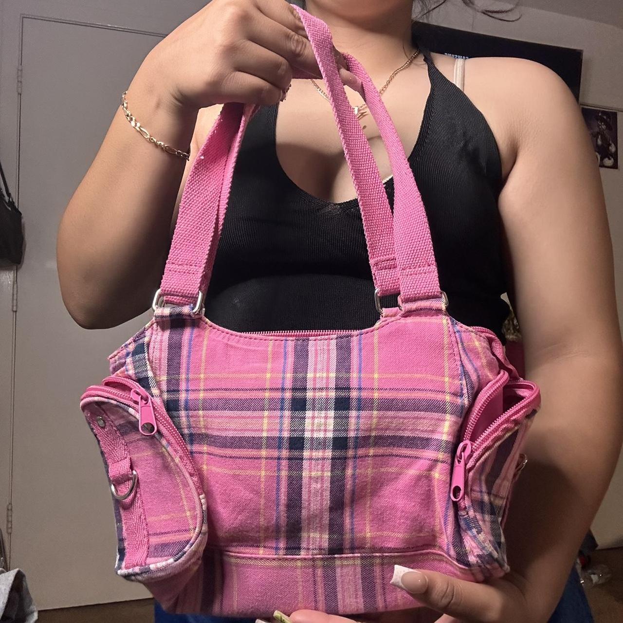 y2k pink plaid mini shoulder purse size: Fits... - Depop