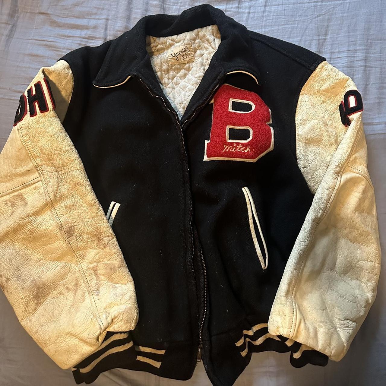 70s Varsity Leather Jacket minor scuffs - Depop