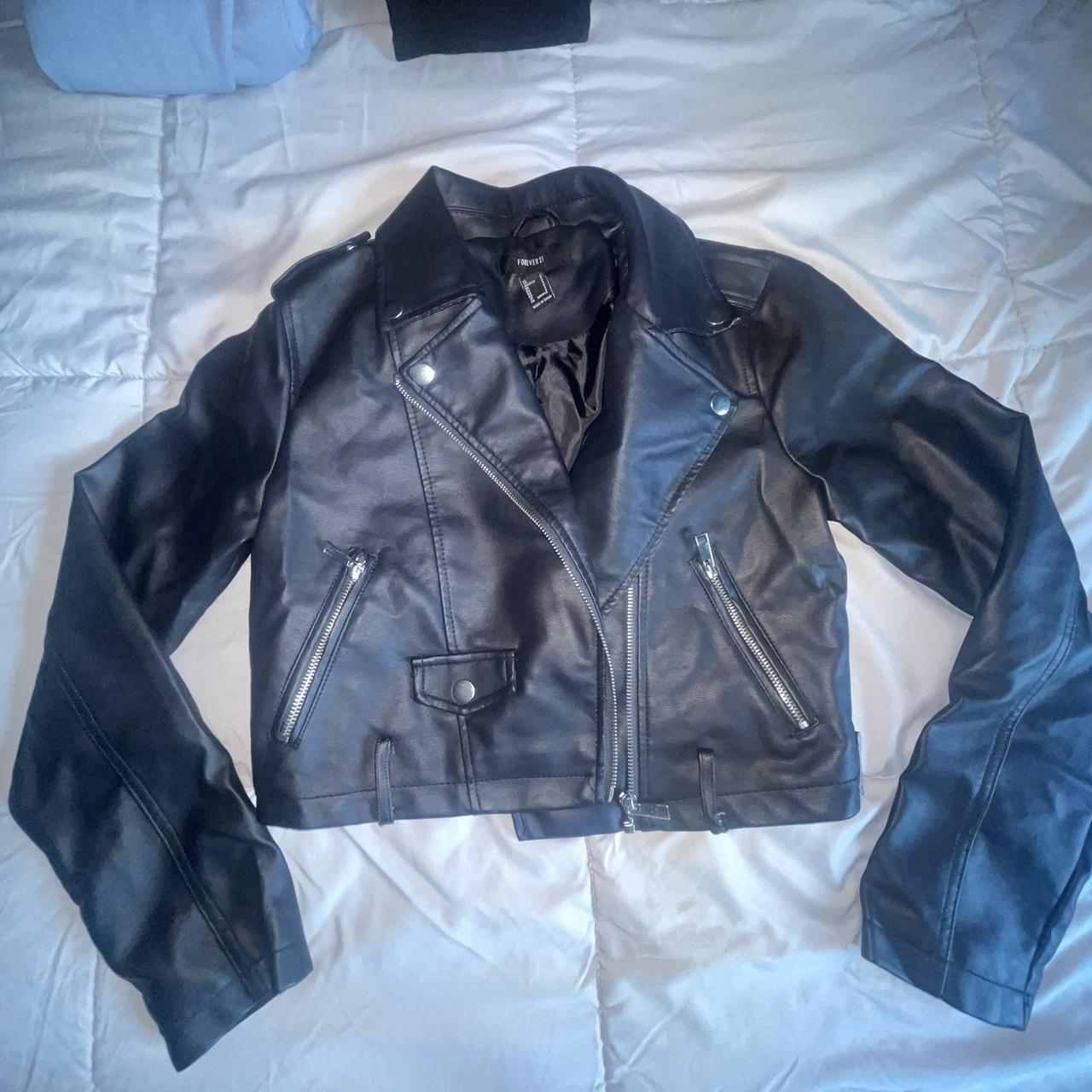 Cropped leather jacket I cut off the belt that was... - Depop