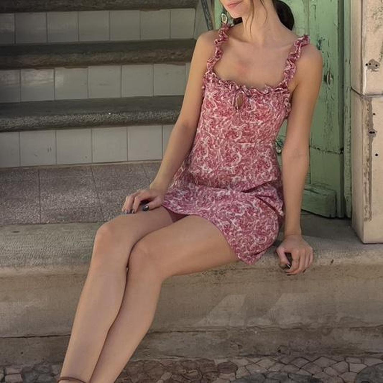 Pink floral sundress with ruffles Color: Pink and... | Depop