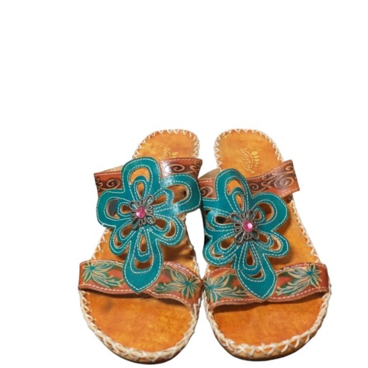 Spring Step Women's Blue and Tan Sandals | Depop