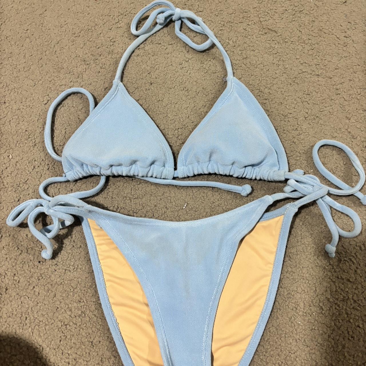 Blue terry towel cotton on bikini Slight tanning... | Depop