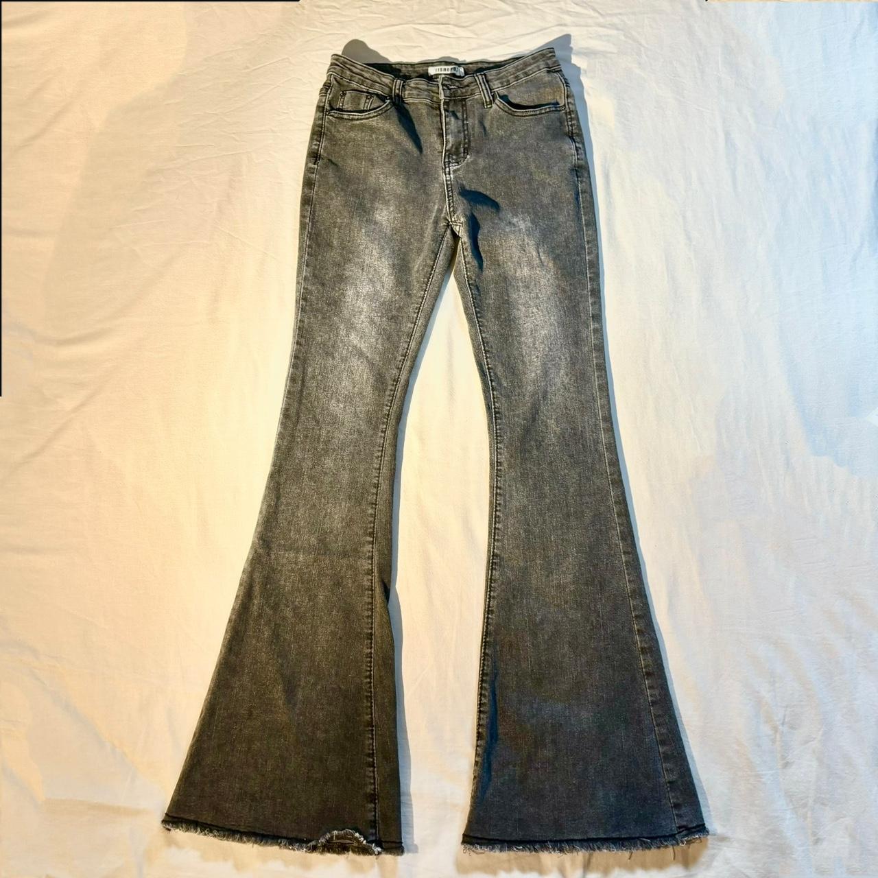 Dark grey acid wash flare jeans with a vintage vibe... - Depop