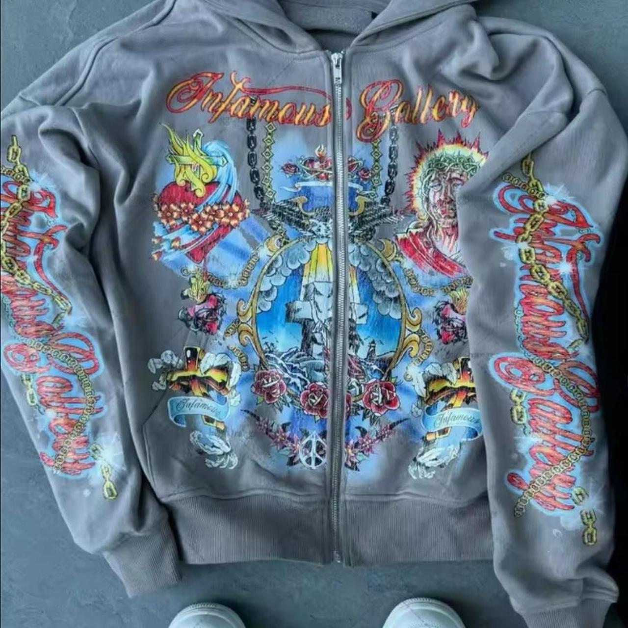 Grey and red Ed Hardy zip-up hoodie #streetwear - Depop
