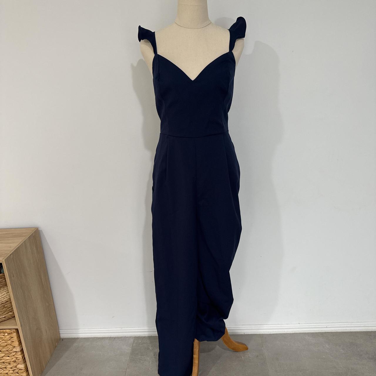 Navy Blue showpo jumpsuit with ruffle shoulders size 14 - Depop