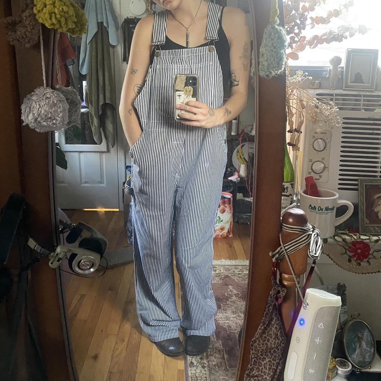 BDG baggy navy striped overalls size: L model:... - Depop