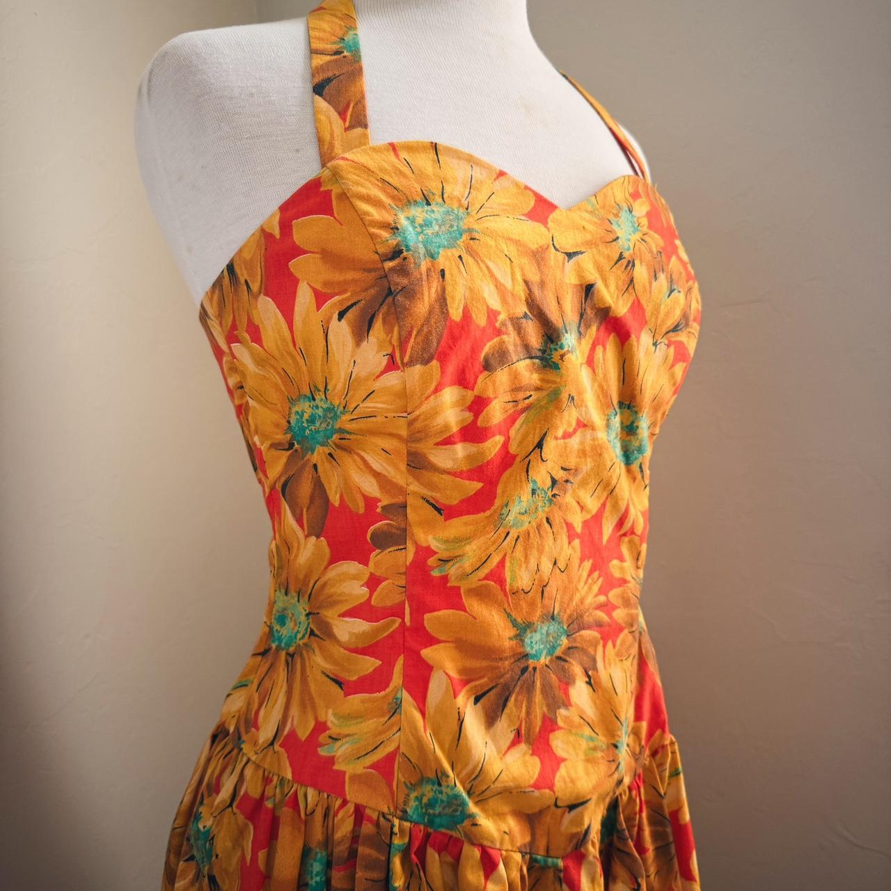 1980s basque waist sunflower halter dress by first... | Depop