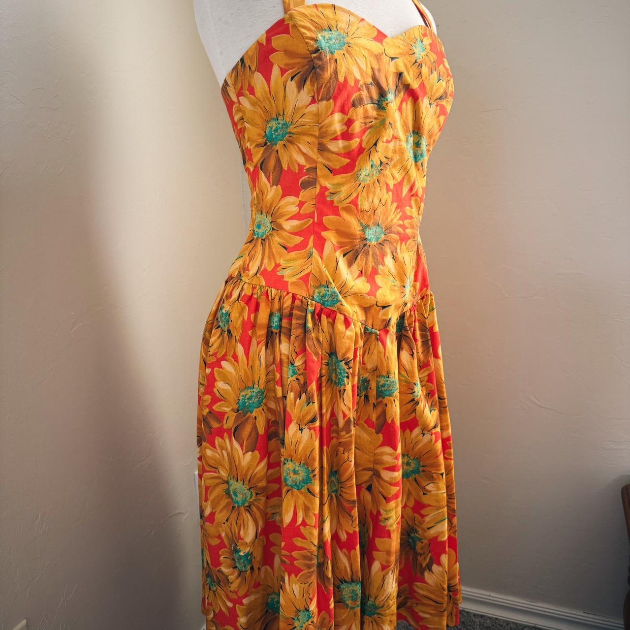 1980s basque waist sunflower halter dress by first... | Depop